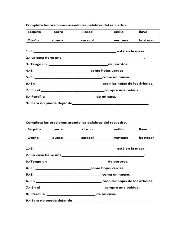 Completa Las Oraciones Usando Las Palabras Del Recuadro | PDF | Hogar ...