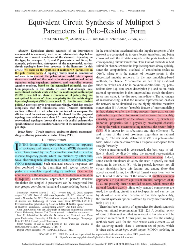 Equivalent Circuit Synthesis of Multiport S Parameters in PoleResidue Form | PDF | Electrical ...