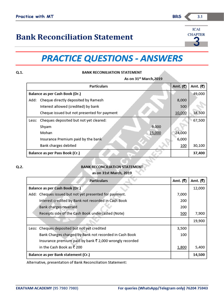 CHP 3 - BRS - Practice Ans Set 1 - Mar 2024 - Used | PDF | Overdraft | Cheque