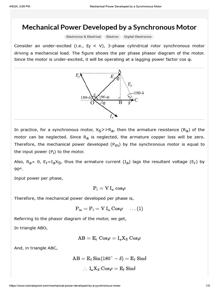 Mechanical Power Developed by a Synchronous Motor | PDF | Power ...