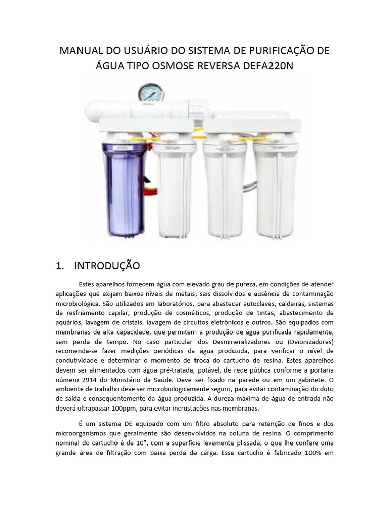 Manual Do Usuário Do Sistema de Purificação de Água Tipo Osmose Reversa ...
