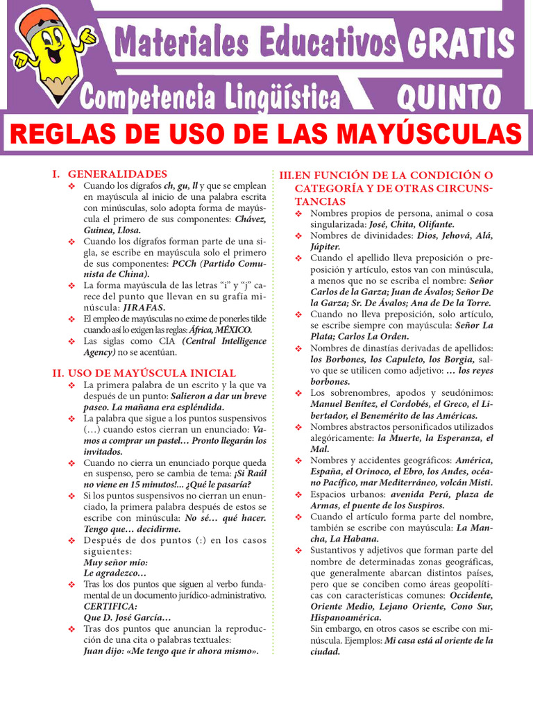 Reglas de Uso de Las Mayúsculas para Quinto Grado de Secundaria | PDF ...