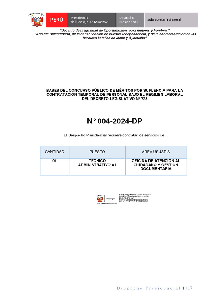 Bases CPM 728 N004-2024 - Técnico Adm. I | PDF | Perú | Gobierno