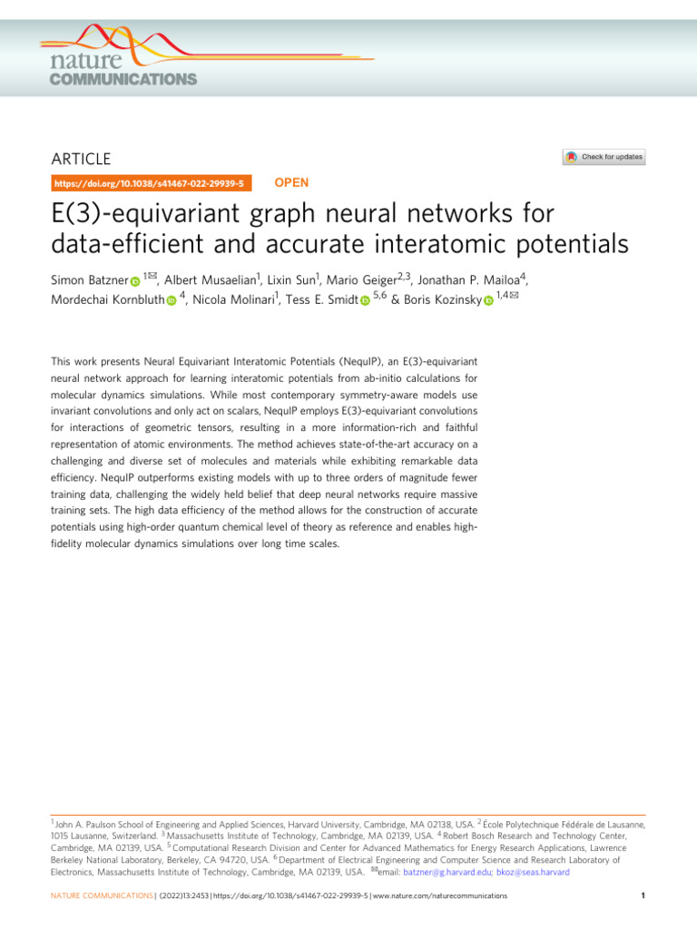 E (3) - Equivariant Graph Neural Networks For Data-Ef Ficient and Accurate Interatomic ...
