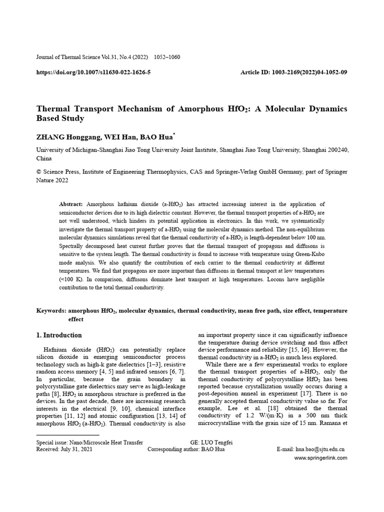 Thermal Transport Mechanism of Amorphous Hfo: A Molecular Dynamics Based Study | PDF ...