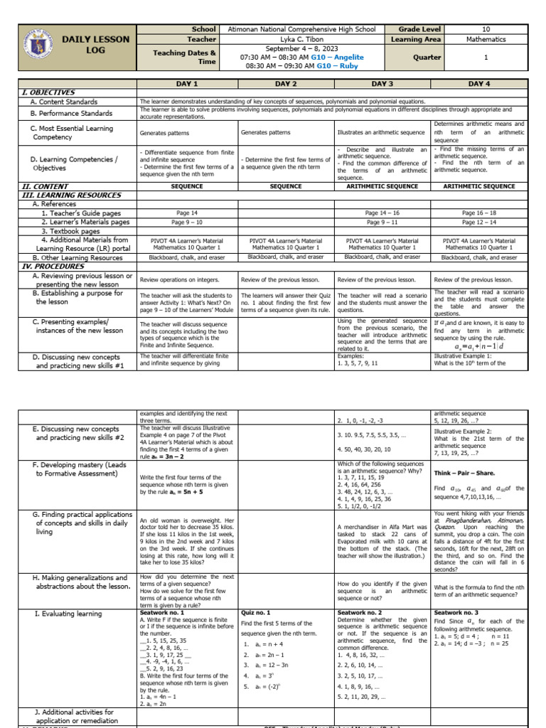 Q1-WK2 - September 4 - 8, 2023 | PDF | Sequence | Arithmetic