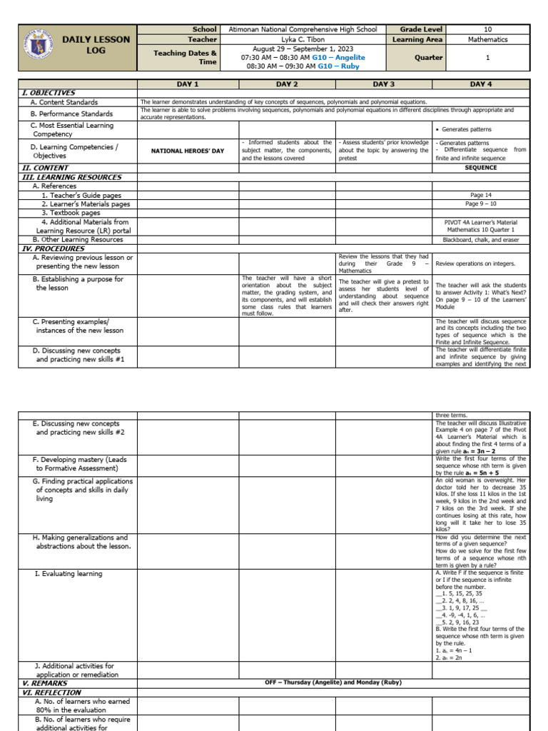 Grade 10 Math Lesson Plan: Sequences | PDF | Sequence | Learning