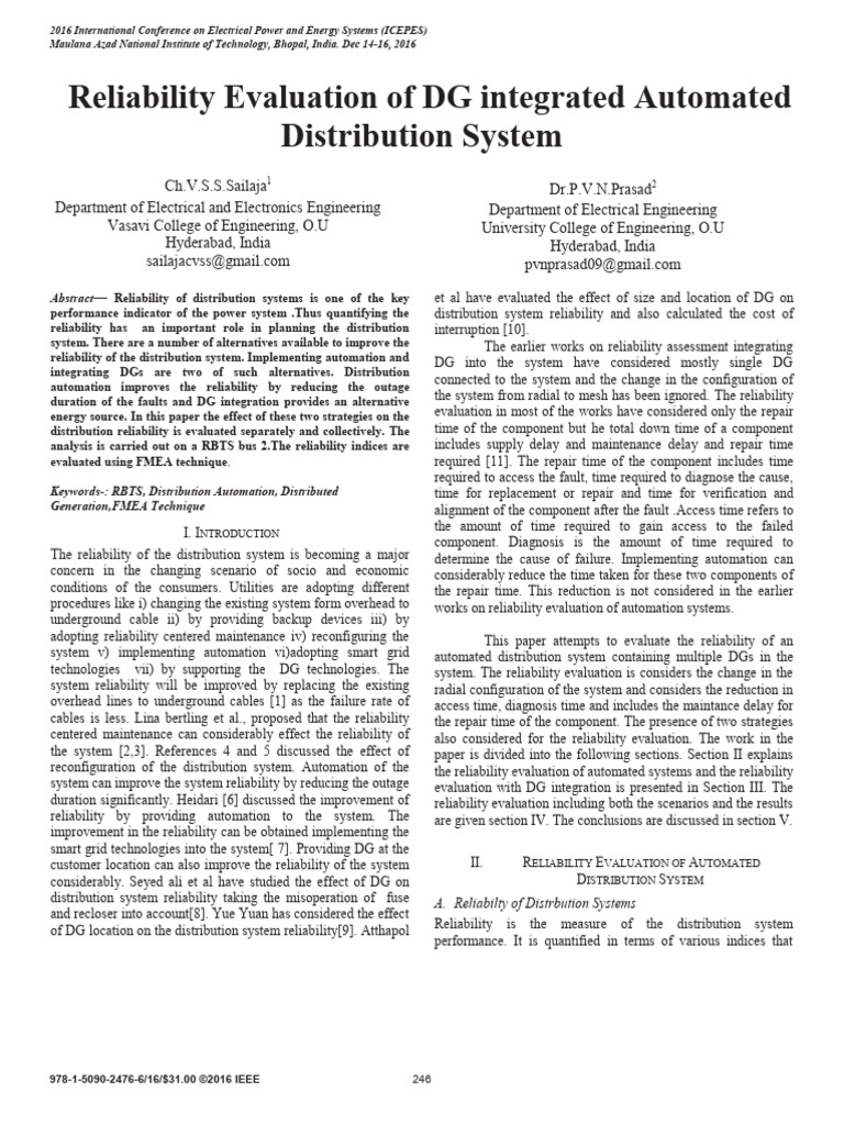 Reliability Evaluation of DG Integrated Automated Distribution System | PDF | Reliability ...