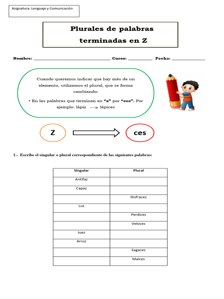Guia plurales de palabras terminadas en z | PDF