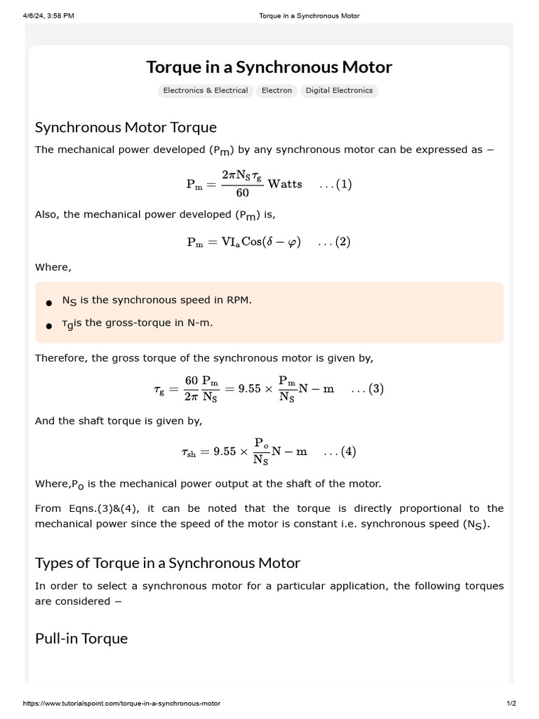 Torque in A Synchronous Motor | PDF | Electric Motor | Magnetism