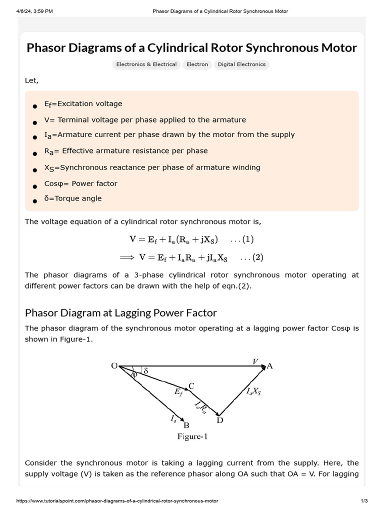 Phasor Diagrams of A Cylindrical Rotor Synchronous Motor | PDF | Machines | Electromagnetism