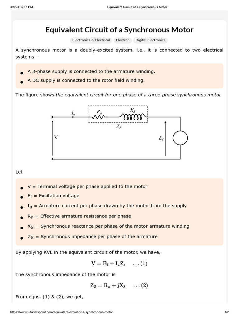 Equivalent Circuit of A Synchronous Motor | PDF | Electric Motor ...