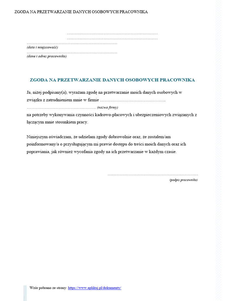 Zgoda Na Przetwarzanie Danych Osobowych Pracownika | PDF Zgoda Na Przetwarzanie Danych Osobowych Pracownika | PDF