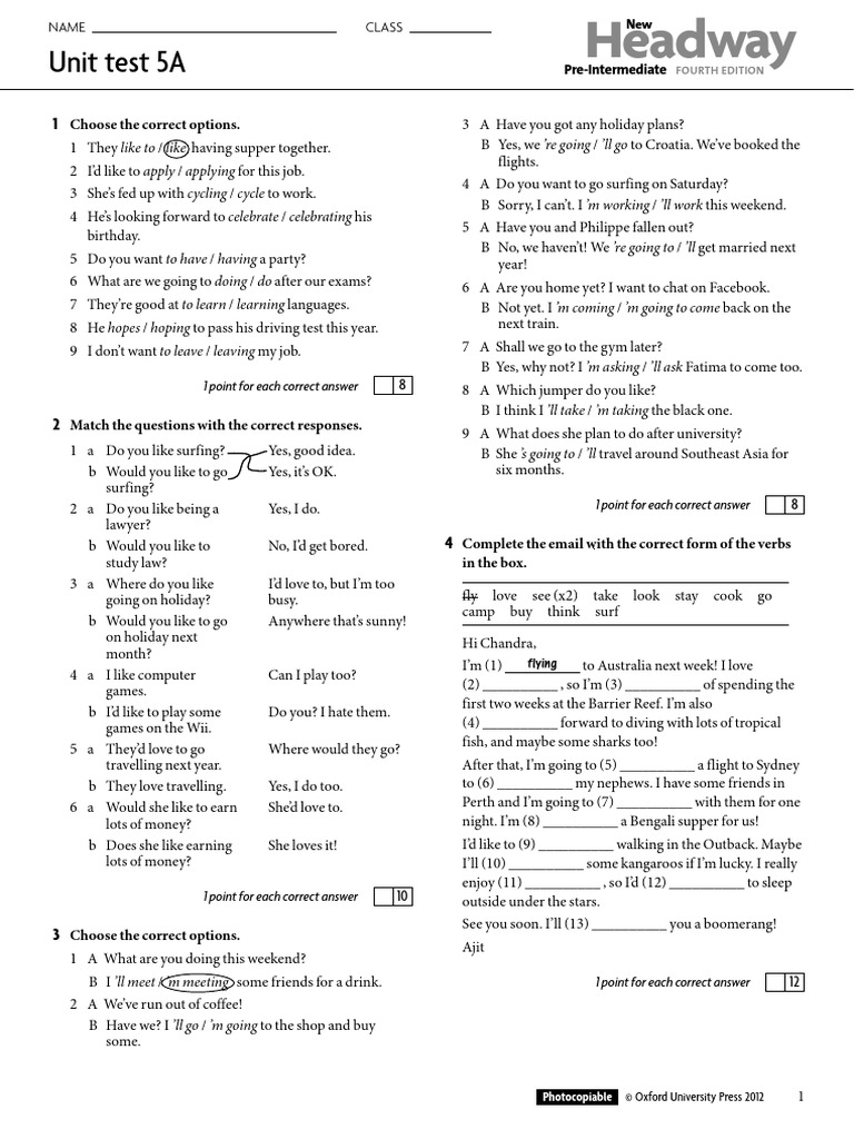Unit Test 5A Answers Guide | PDF