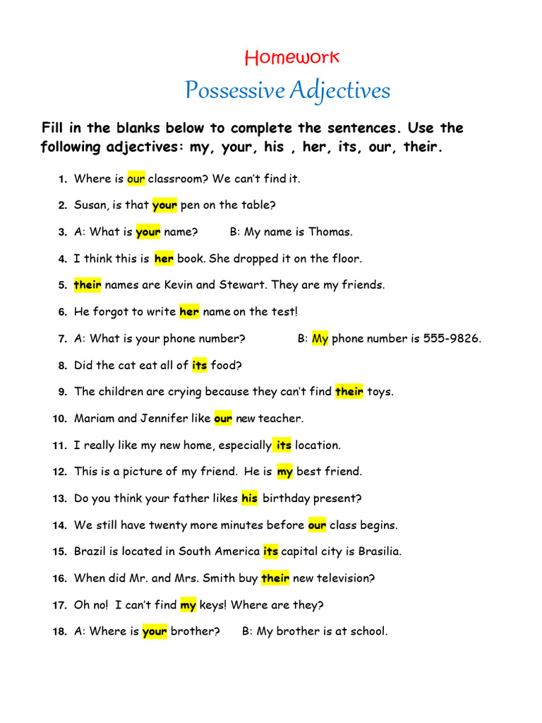 Homework Possessive Adjectives | PDF