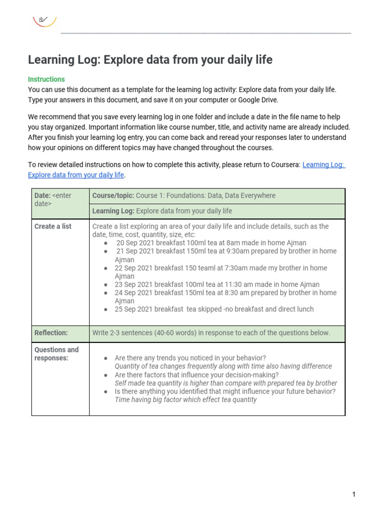 Learning Log Template - Explore Data From Your Daily Life | PDF | Learning | Cognitive Science