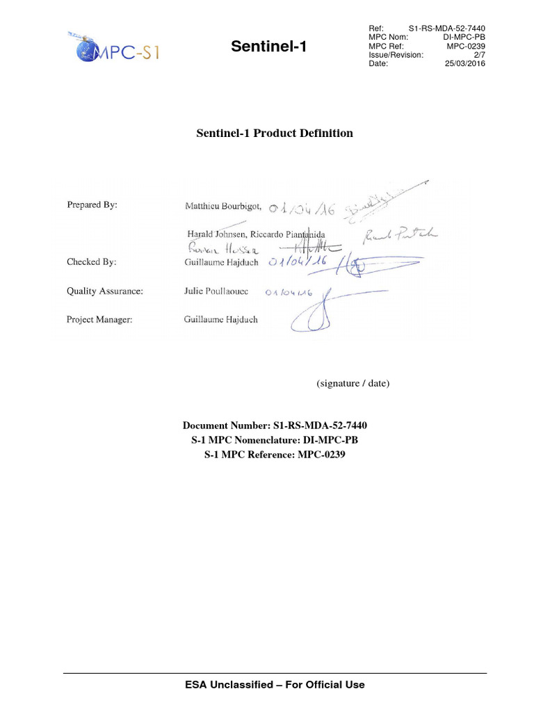 Sentinel 1 Product Definition | PDF