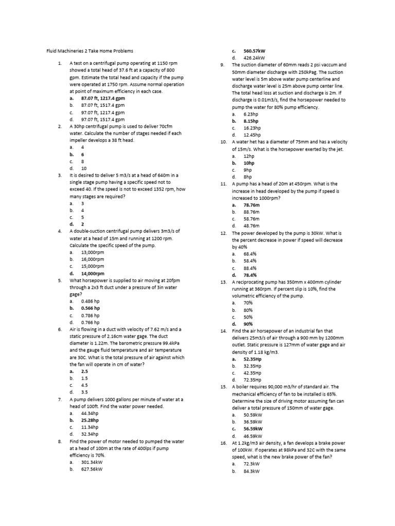 Fluid Machineries 2 Take Home Problems | PDF | Pump | Horsepower