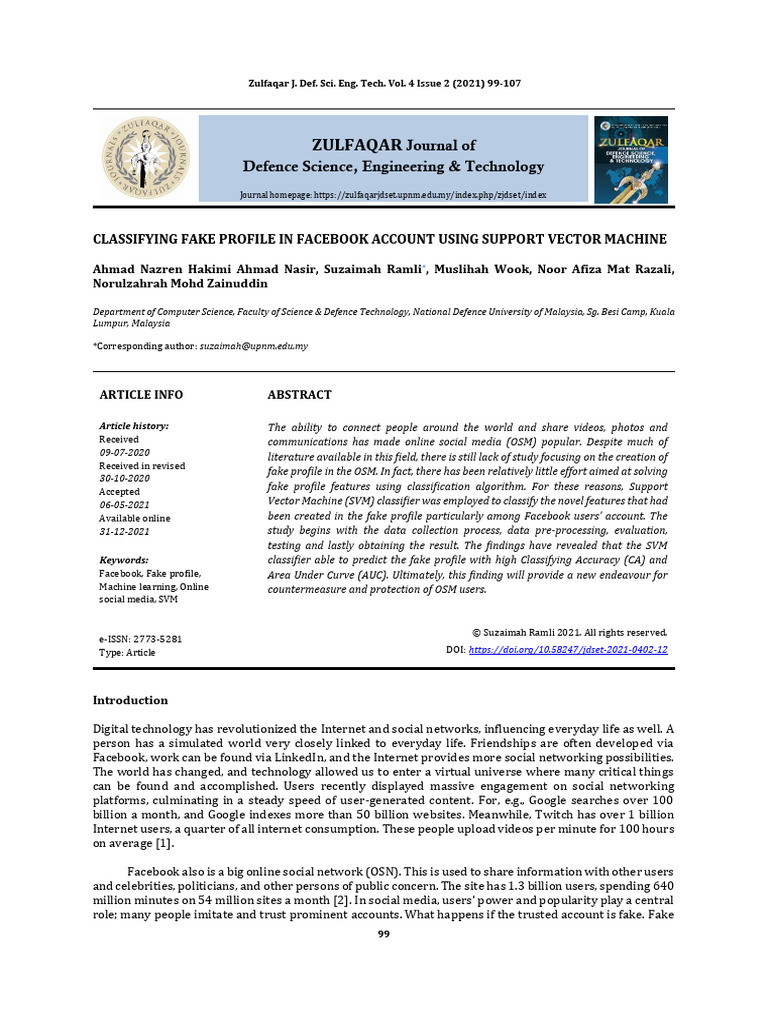 Classifying Fake Profile in Facebook Account Using | PDF | Support ...