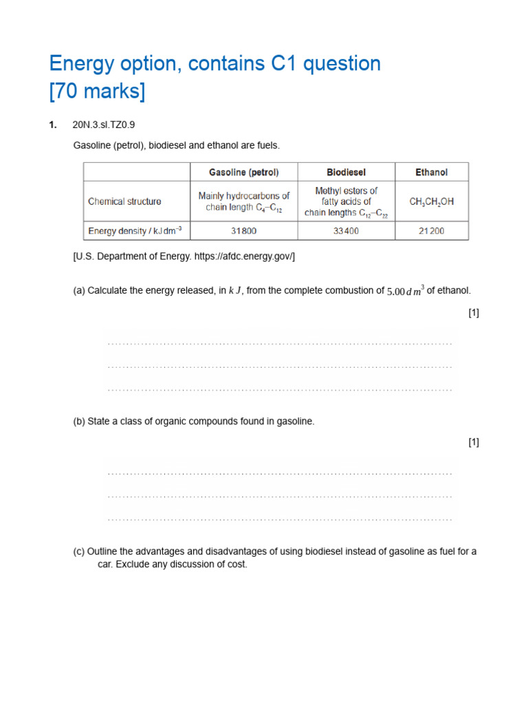 Energy Option, Contains C1 Question | PDF | Fuels | Gasoline