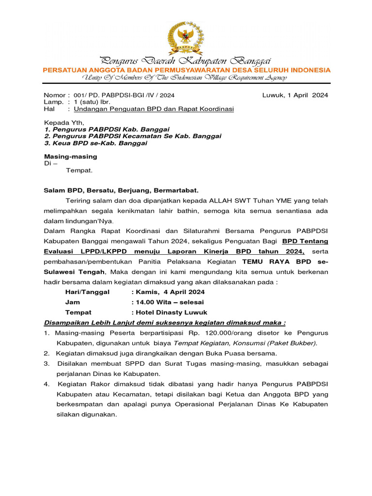Undangan Rapat Koordinasi BPD 2024 | PDF | Karier & Perkembangan