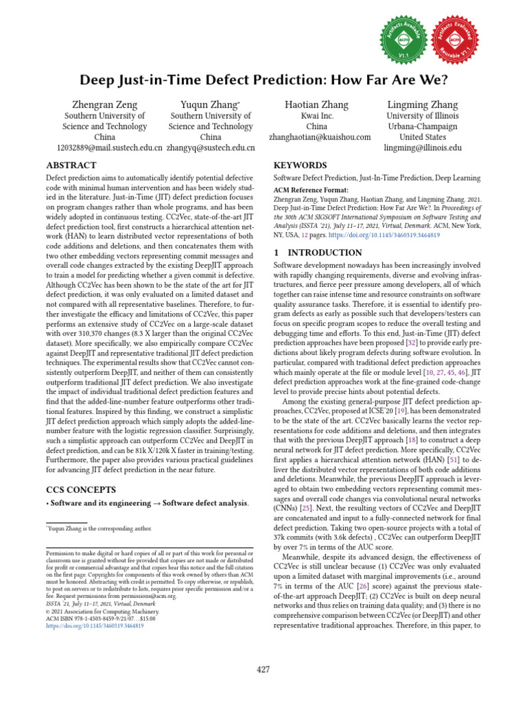 2021 Deep Just-in-Time Defect Prediction How Far Are We | PDF | Artificial Neural Network ...