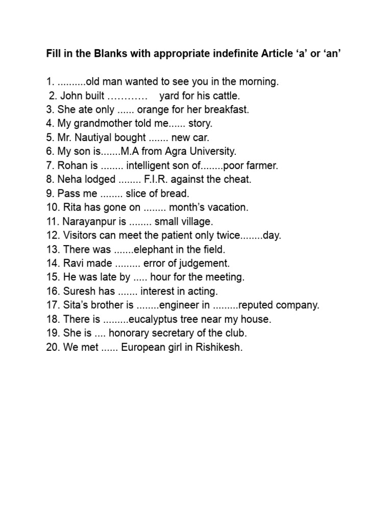 Article Fill-in-the-Blanks Exercises | PDF