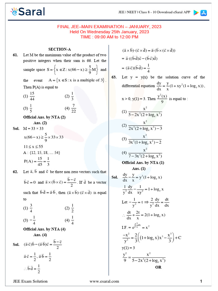 25-01-2023 Mathematics Paper+With+Answer Morning | PDF | Mathematical Analysis | Mathematical ...
