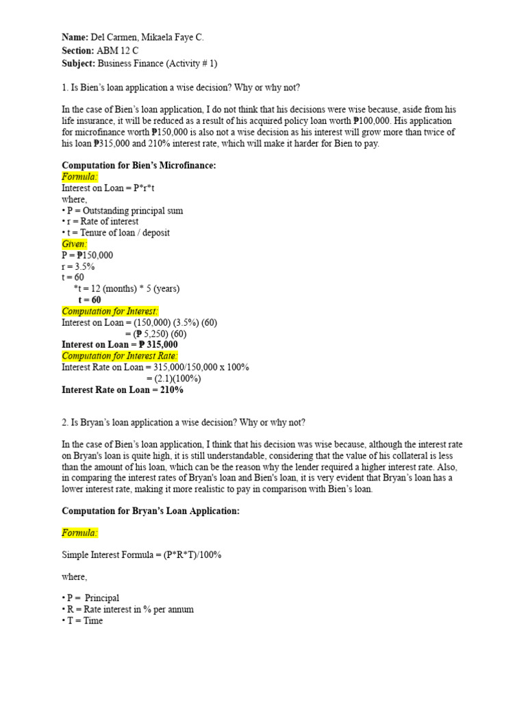 Business Finance (Activity#1) | PDF | Interest | Loans