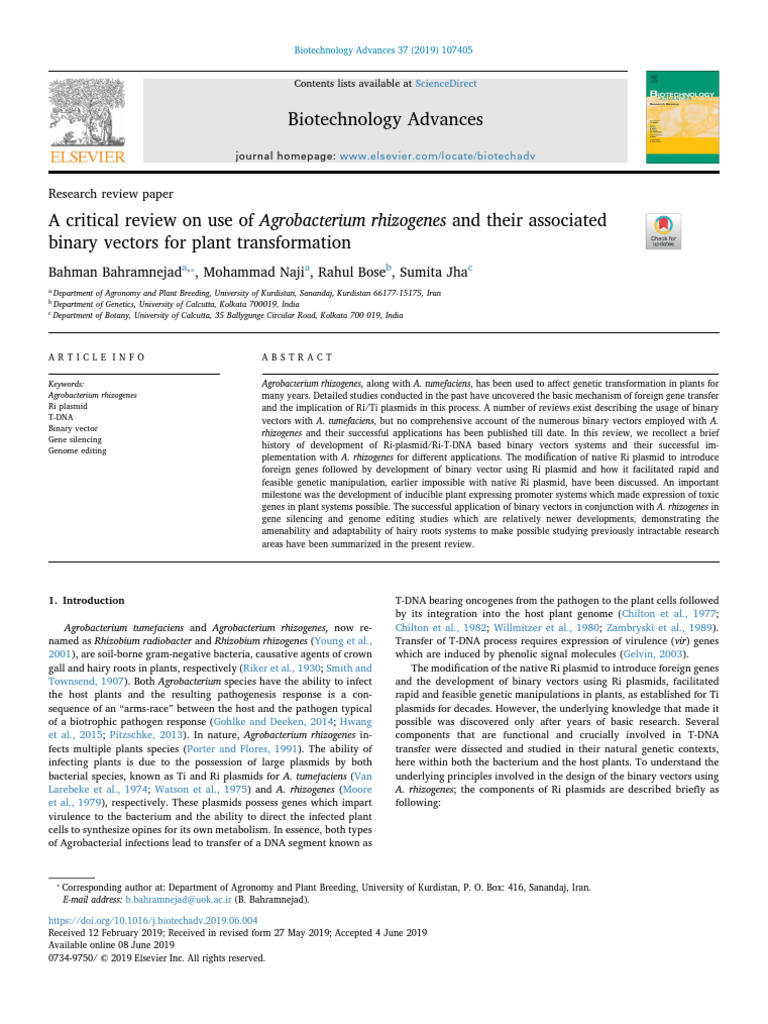 Agrobacterium rhizogenes in Plant Transformation | PDF | Biochemistry ...
