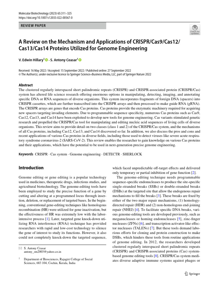 A Review on the Mechanism and Applications of CRISPR Cas9 Cas12 Cas13 Cas14 Proteins Utilized ...
