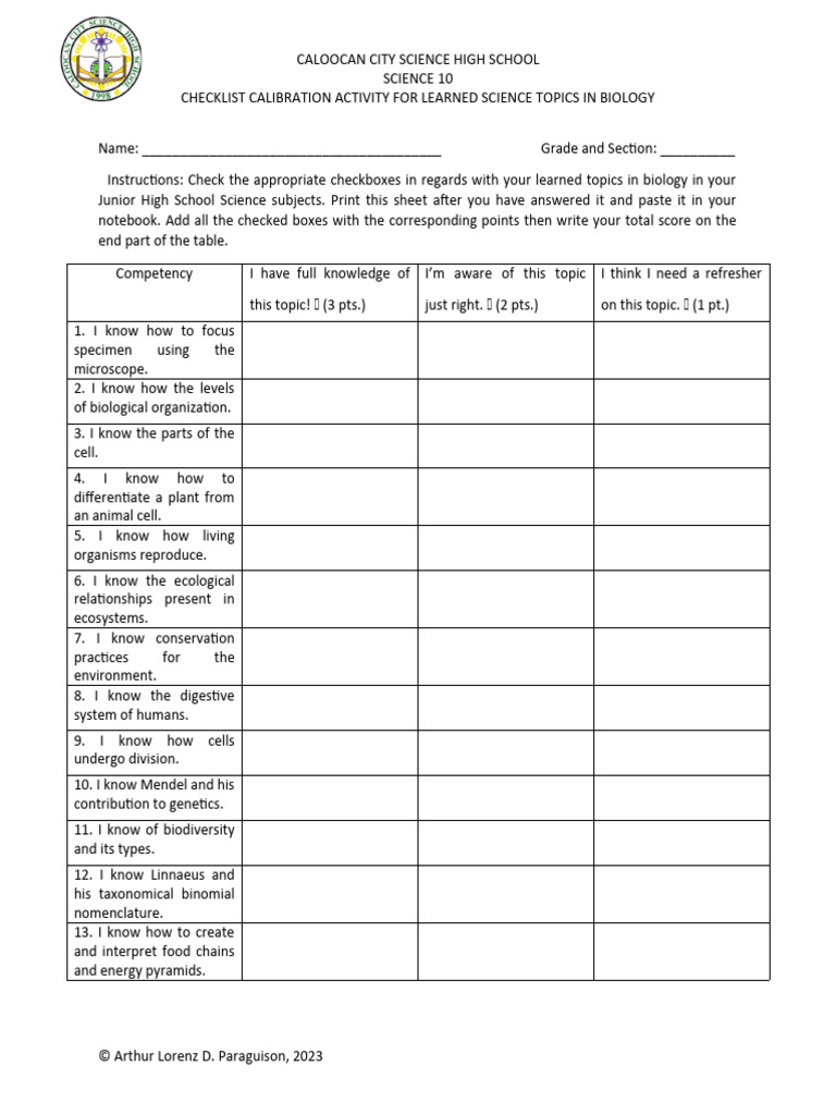 Science 7 9 Calibration Activity For Grade 10 | PDF | Biology | Science