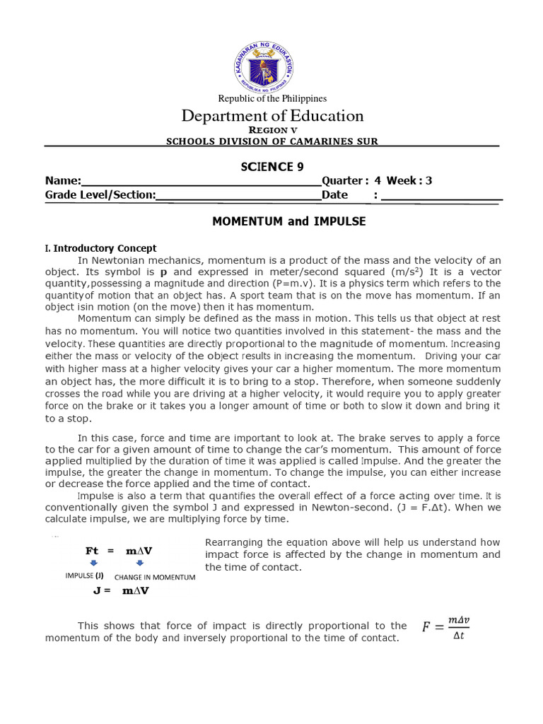 Edited.3 9 S9 LAS Q4 Week 3 Momentum and Impulse Hosana Final | PDF | Momentum | Force
