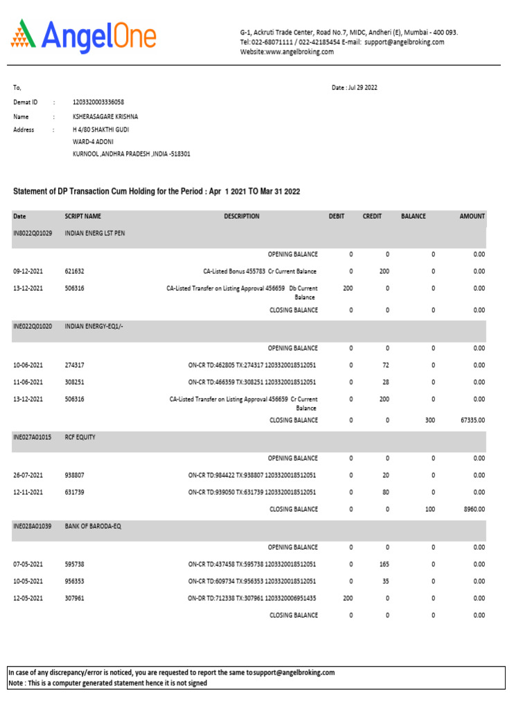 DP Transaction Cum Holding Statement of K30316 | PDF | Debits And ...