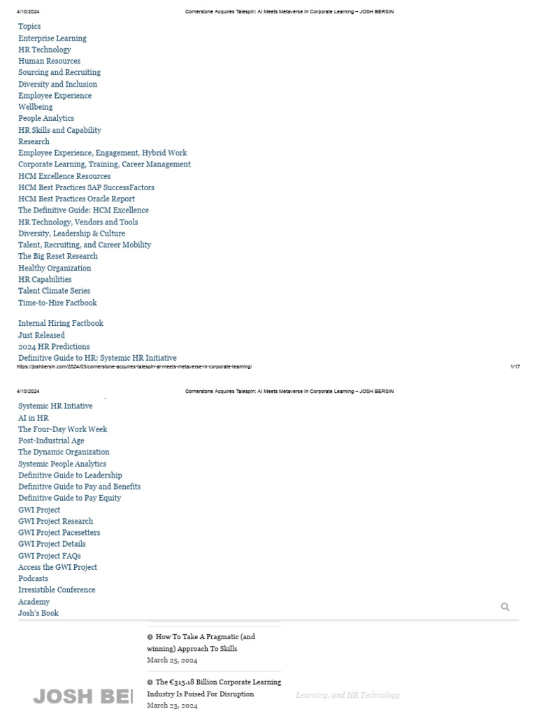 Cornerstone Acquires Talespin - AI Meets Metaverse in Corporate Learning - JOSH BERSIN | PDF ...