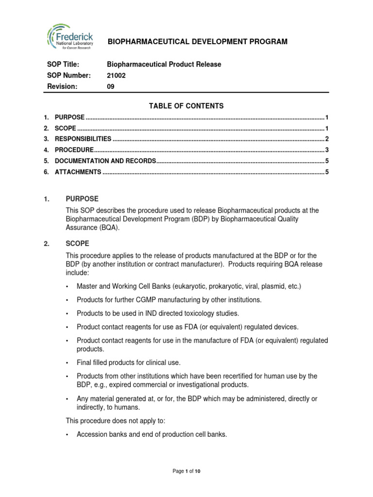 Biopharmaceutical Development Program: SOP Title: Biopharmaceutical ...