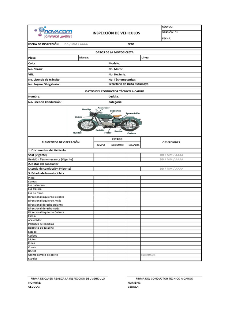 Formato Inspección de Motocicletas | PDF | Motocicleta | Coche