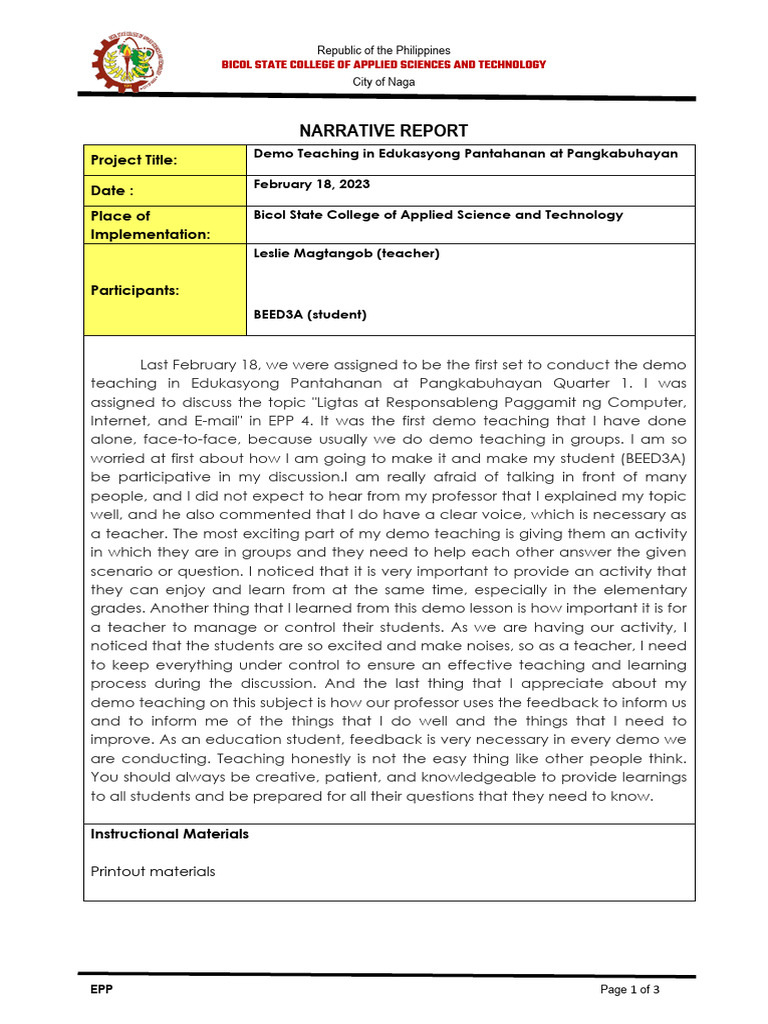Narrative Report Epp Magtangob | Download Free PDF | Teachers | Teaching