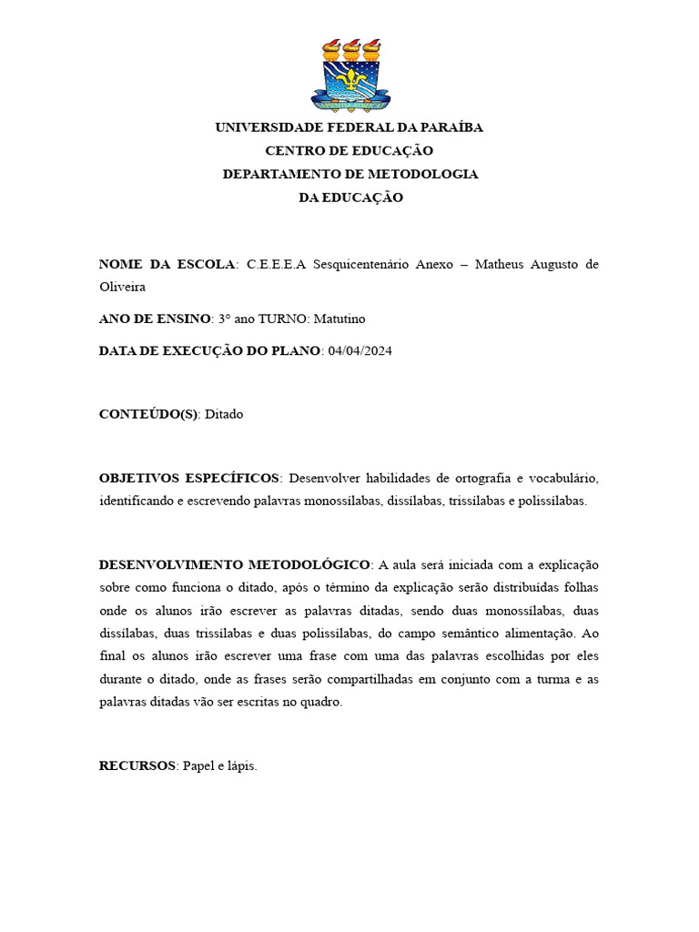 Plano de Aula 1 | Download grátis PDF | Lição | Aprendizado