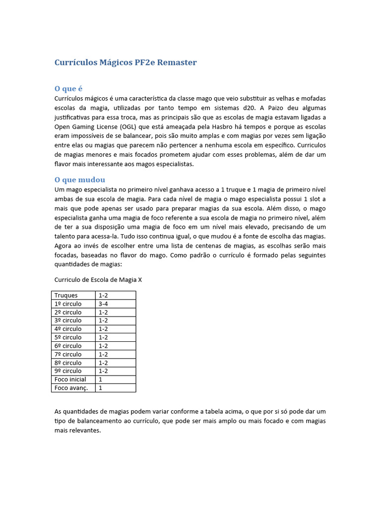 Currículos Mágicos PF2e Remaster | PDF | Tempo