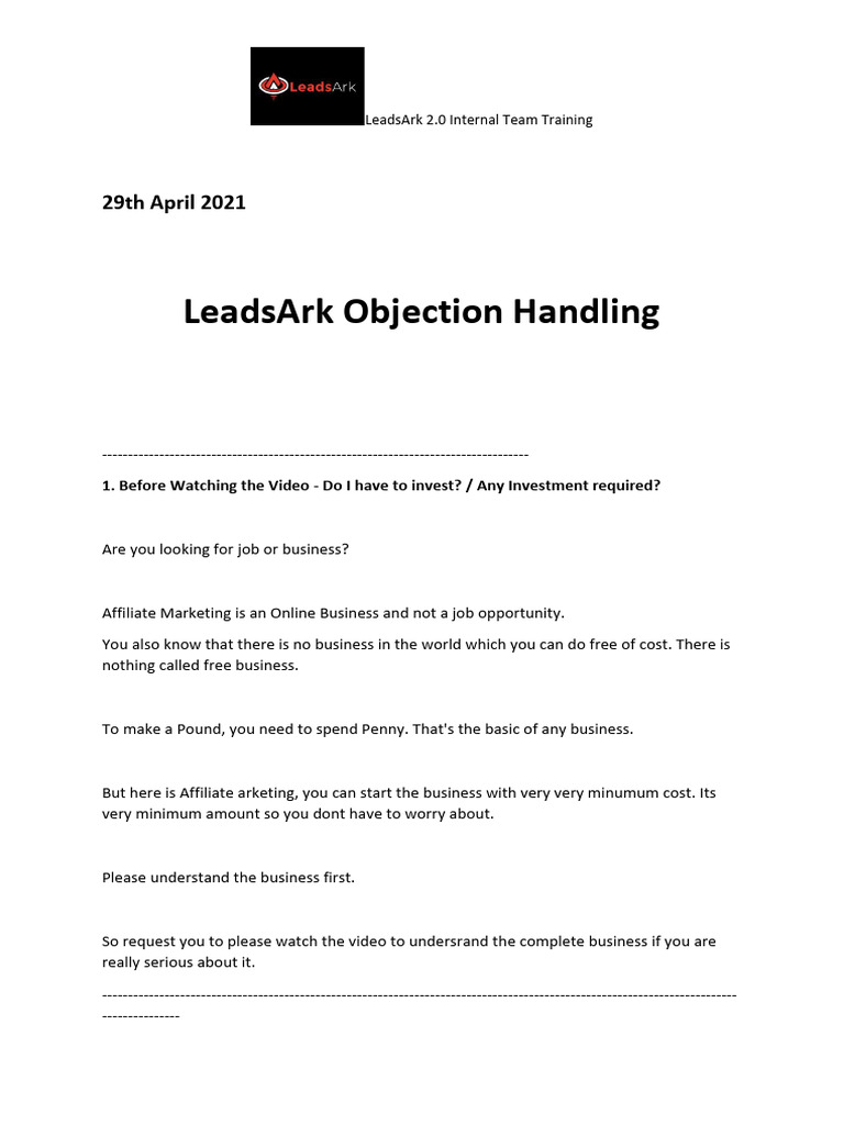 Objection Handling - 29th April 2021 | PDF | Electronic Business ...