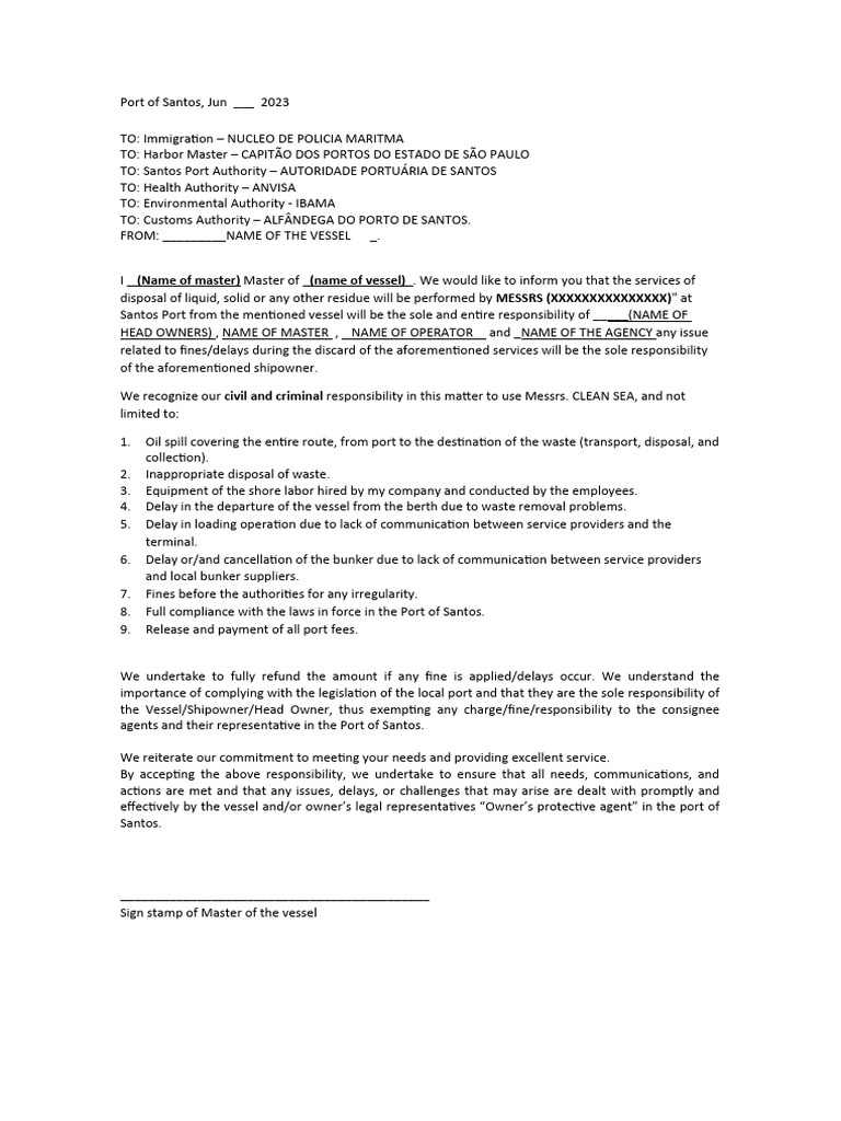 Liability Declaration To Port Authorities - Serviço de Discarte Pelo ...