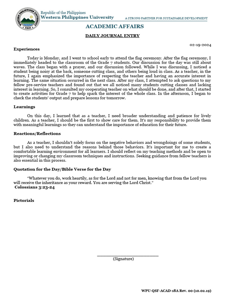 18 Daily Journal Entry | PDF | Teachers | Classroom Management