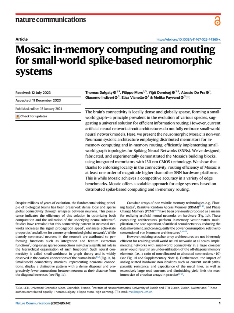 Mosaic: In-Memory Computing and Routing For Small-World Spike-Based Neuromorphic Systems | PDF ...