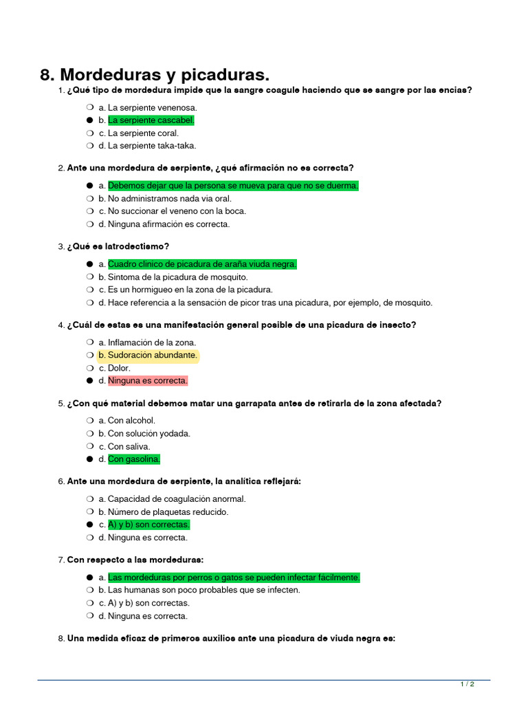 Pretest 8 Mordeduras y Picaduras | PDF | Serpiente | Causas de la muerte