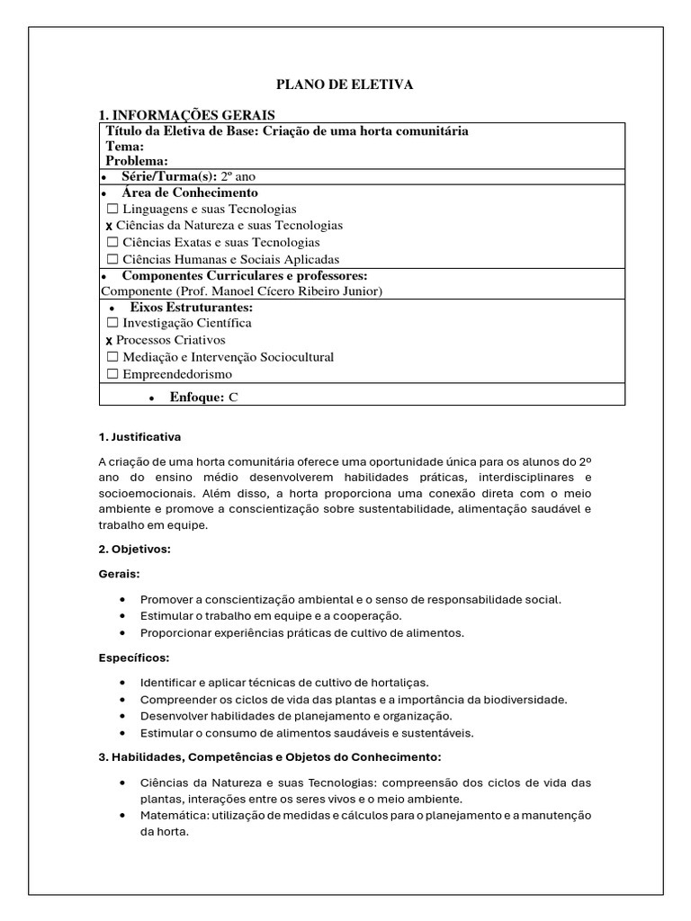 PLANO DE ELETIVA - HORTA COMUNITÁRIA | PDF | Agricultura | Science