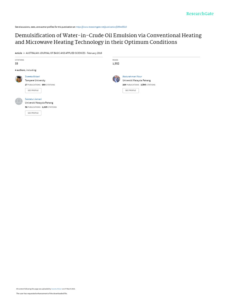 Demulsification of Water-in-Crude Oil Emulsion Via Conventional Heating ...