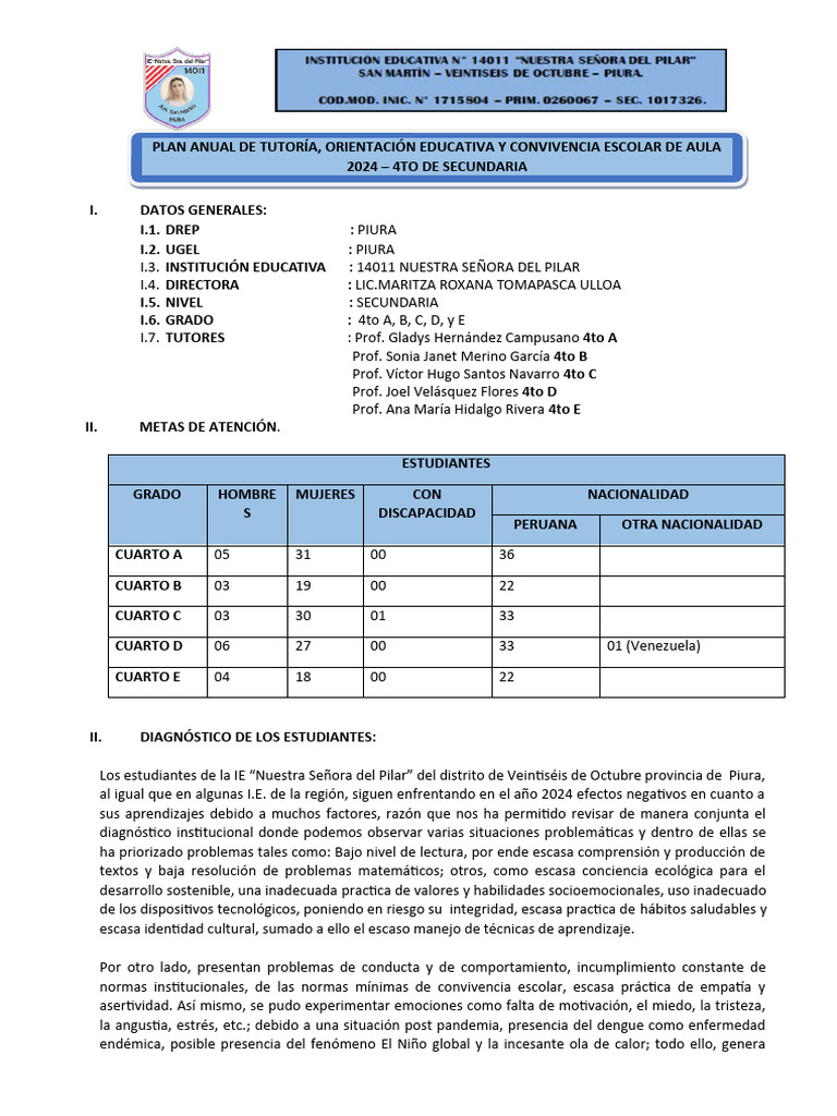 Plan Anual Tutoria 4to Sec 2024 | PDF | Evaluación | Las emociones