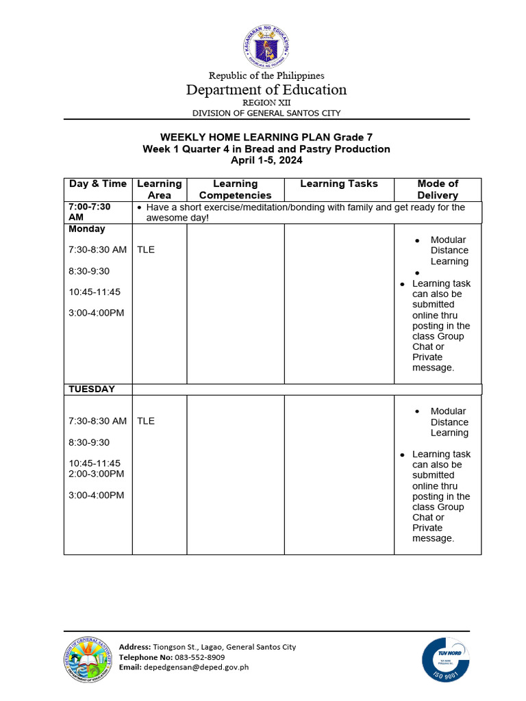 WEEKLY HOME LEARNING PLAN Template | PDF