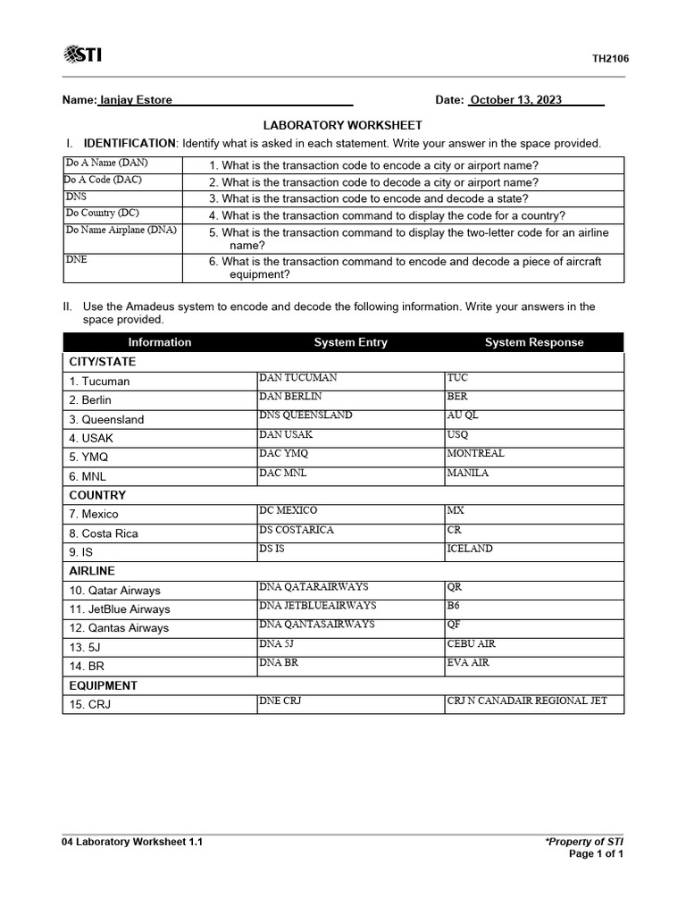 04 Laboratory Worksheet 1 (ESTORE) | PDF | Airlines | Civil Aviation